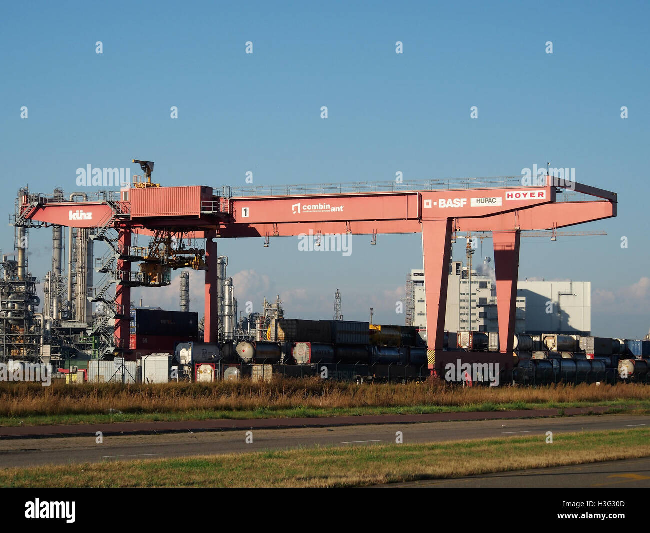 A K,NZ BASF Gantry crane is used in the Port of Antwerp to load and unload containers from ships ...