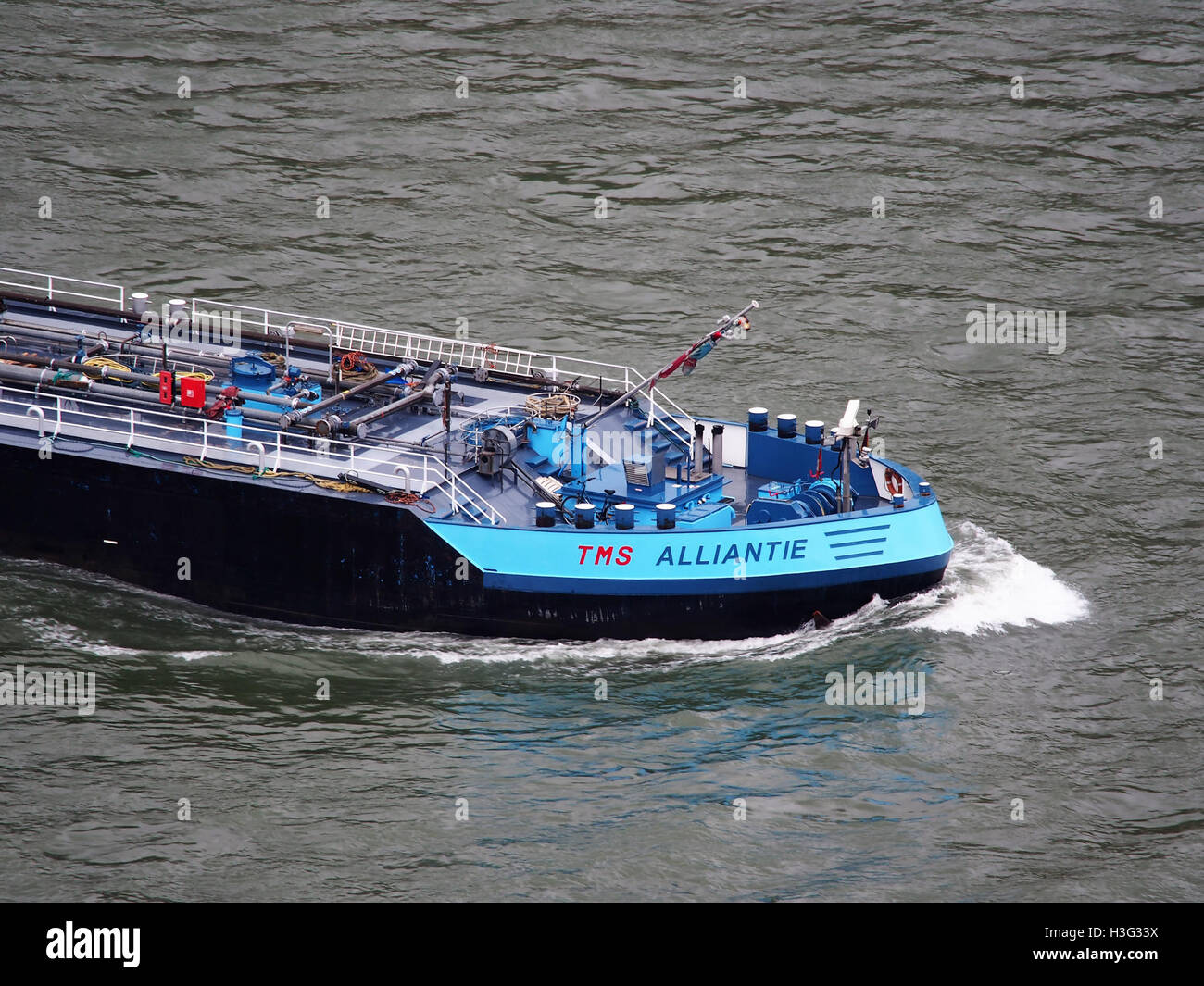 The *TMS Alliantie* (1998) is a modern ship navigating the Rhine River ...