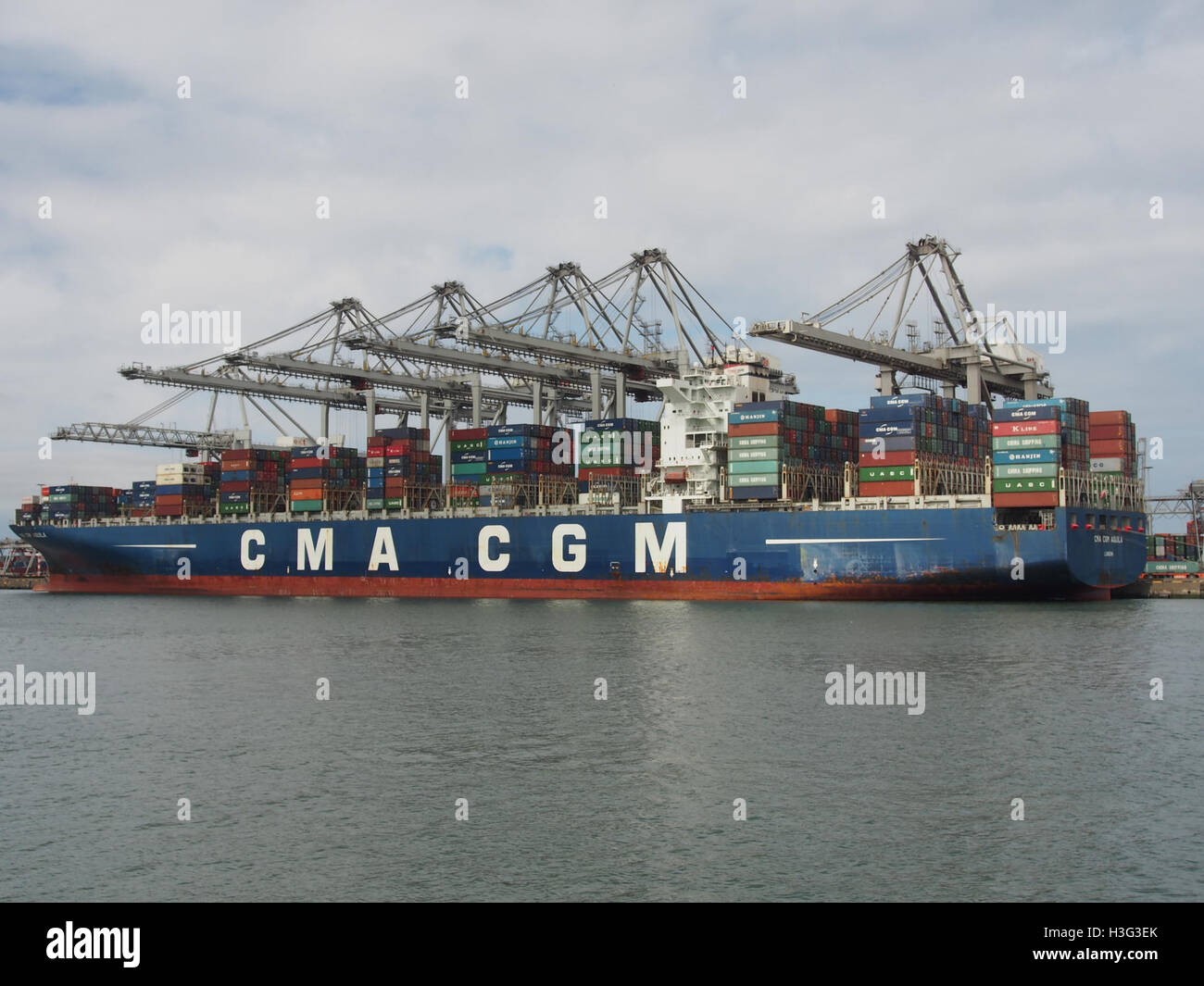 The CMA CGM Aquila, a container ship launched in 2009, is shown docked ...