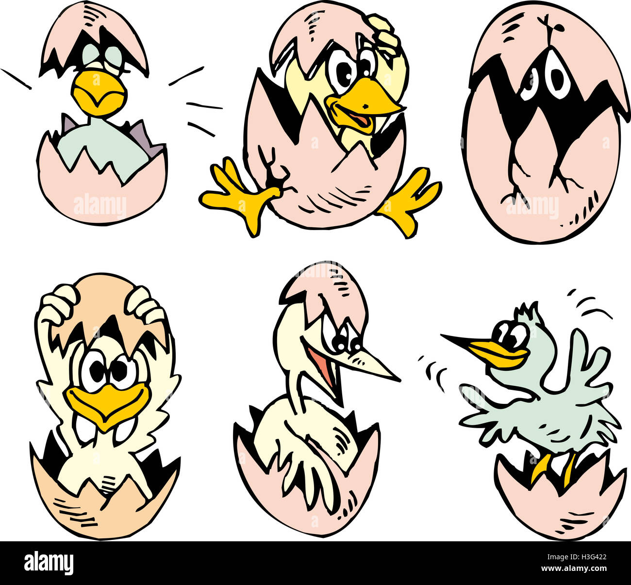 Set of cute nestlings hatching out the eggs. Comic cartoon little birds ...