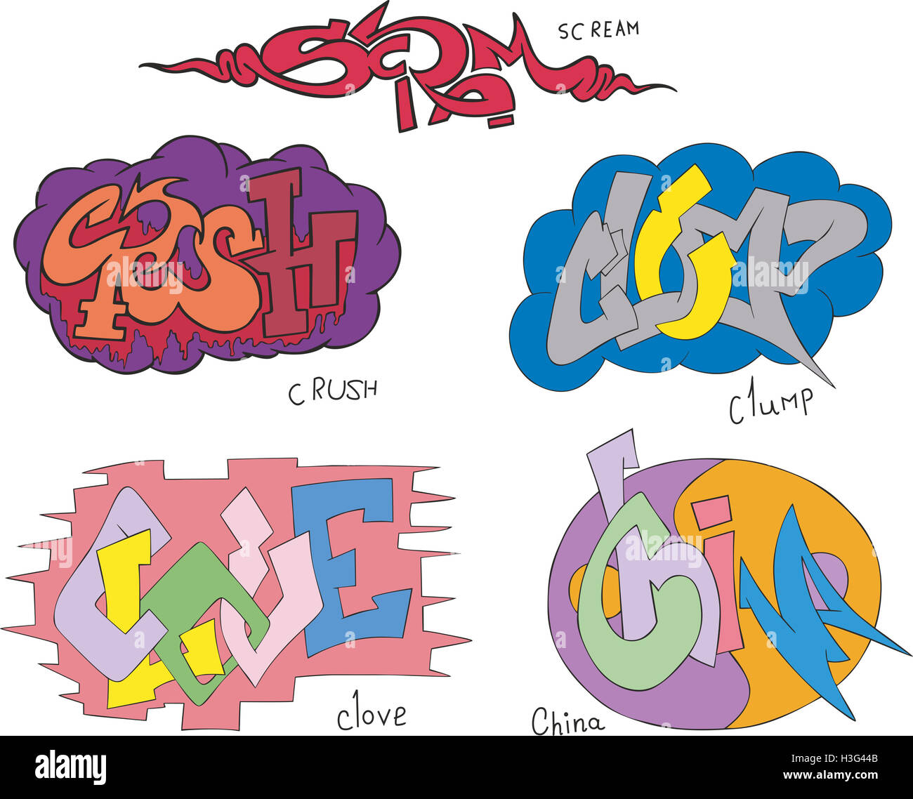 Set of five graffiti sketches - scream, crush, clump, clove and china ...