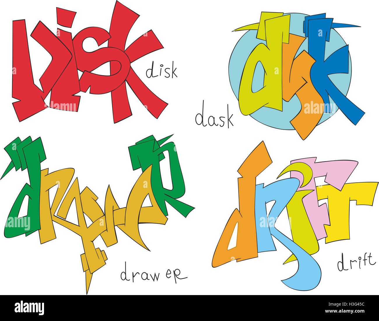 Set of four graffiti sketches - disk, dask, drawer and drift Stock ...