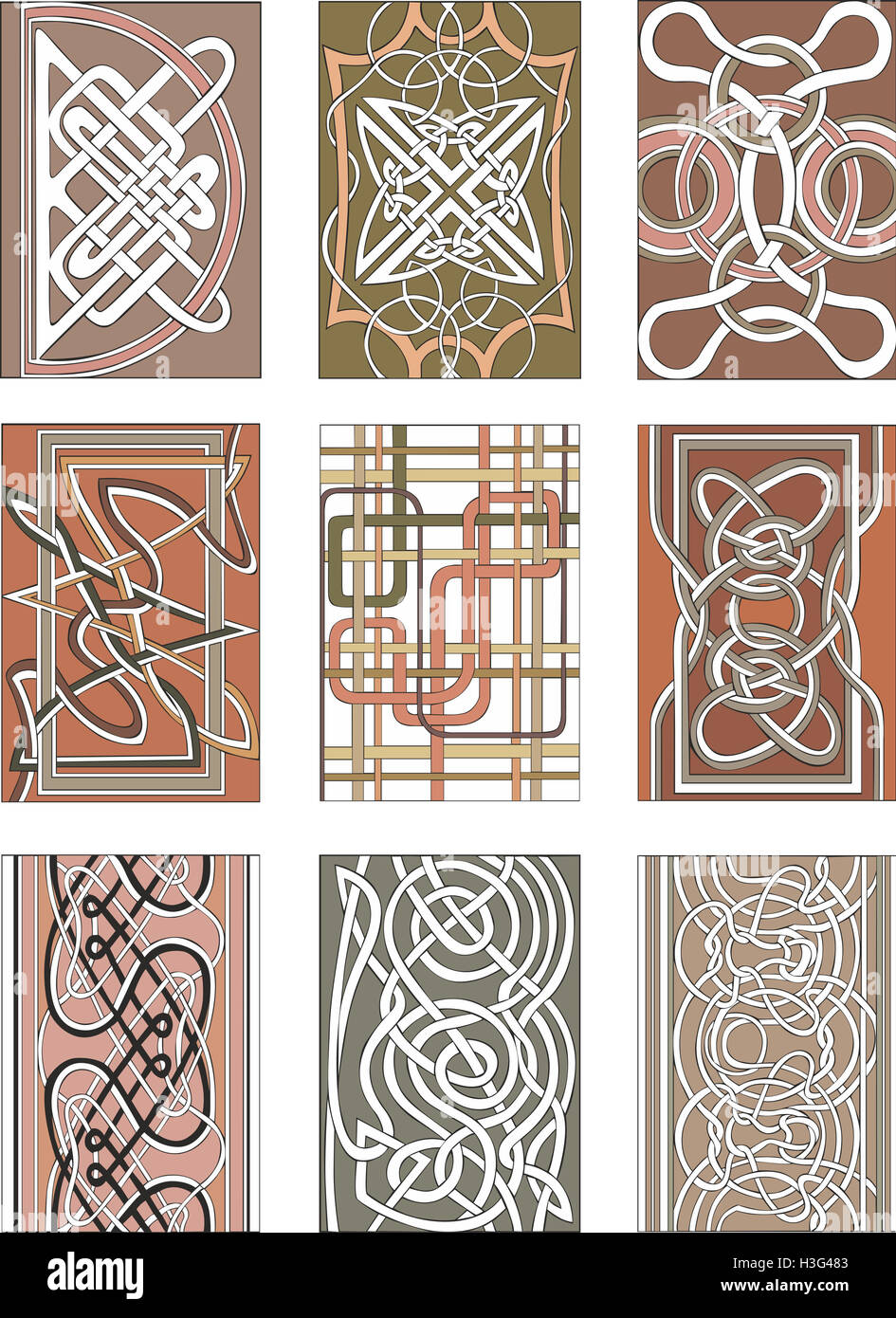 Set of nine vertical knot decorative patterns in miscellaneous artistic ...
