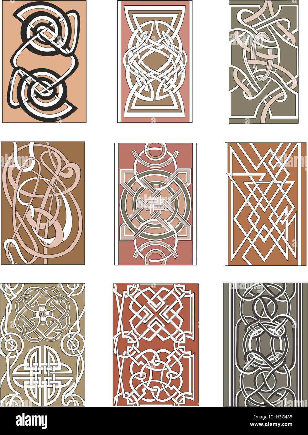 Set of nine vertical knot ornamental patterns in miscellaneous artistic ...