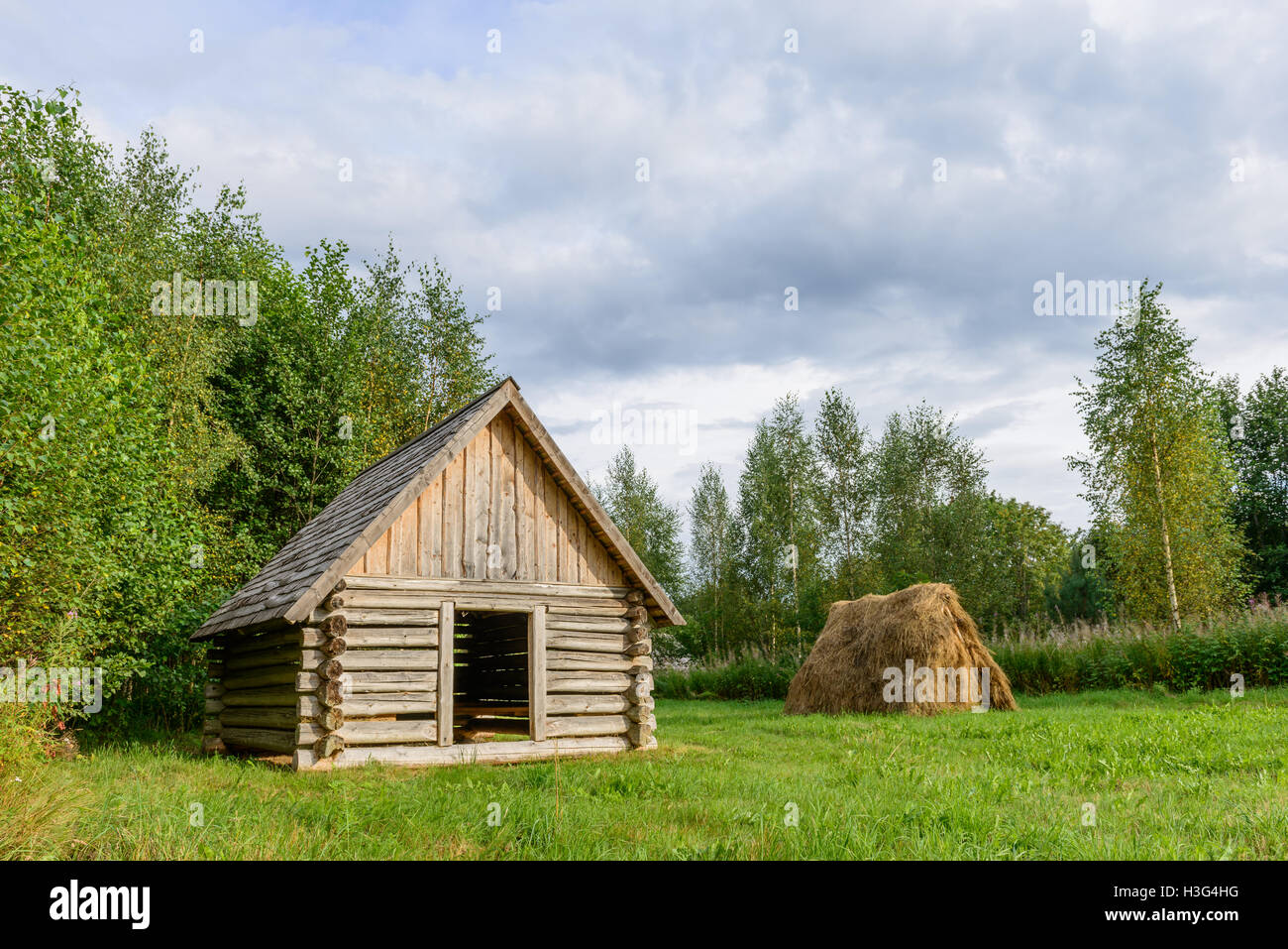 Traditional hay barn and haystack in Lahemaa National Park, Estonia ...