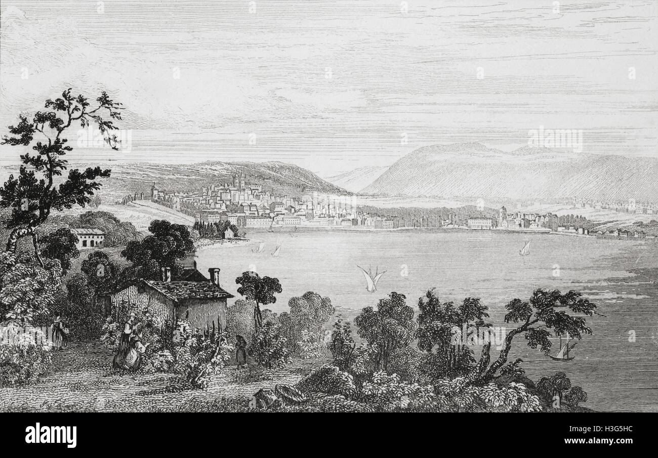 Genève, Geneva, Switzerland, view with the lake. 19th century steel ...