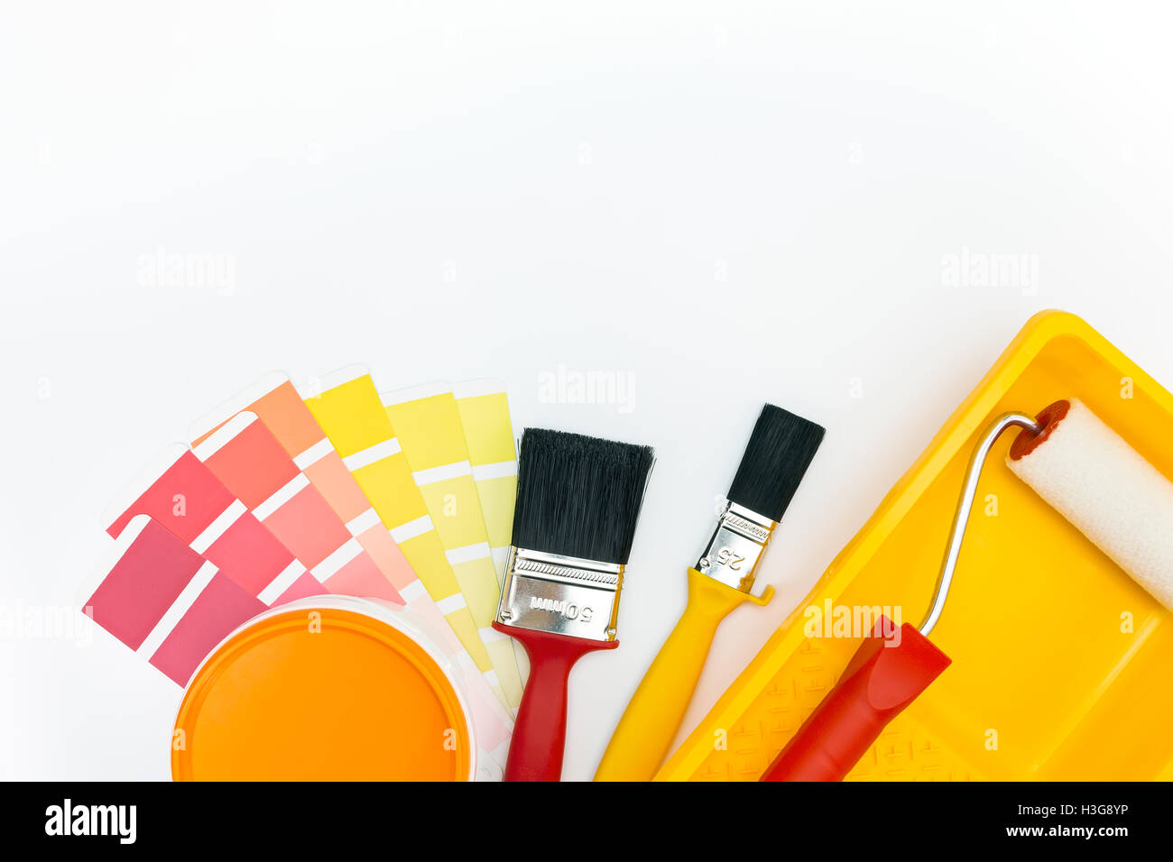 various painting tools and color palette on white background Stock ...