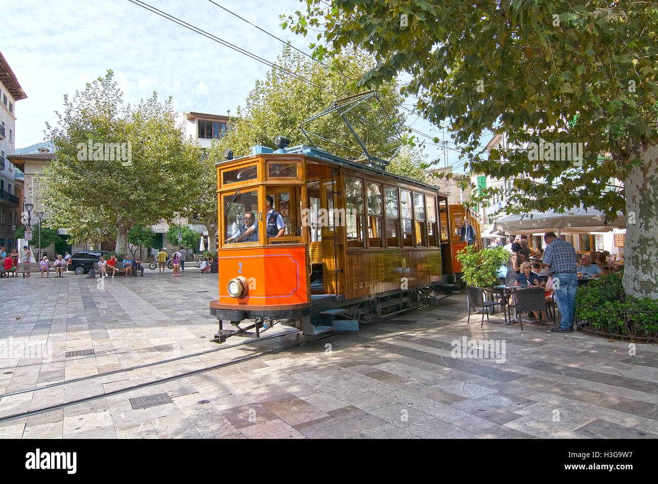 Soller tram between port and main village on central plaza on a sunny ...