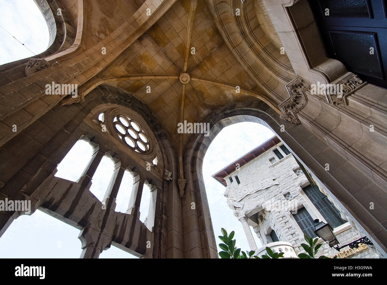 Detail of gothic style church St Bartholomew building with vaults ...