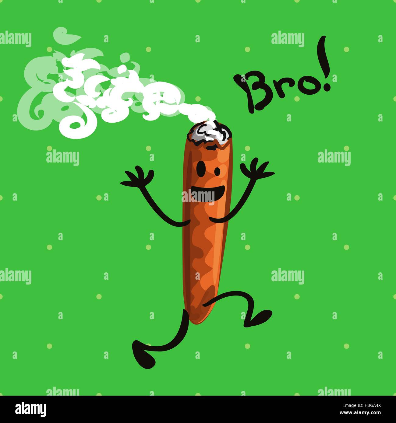 Fun Cuban cigar character runs and shouts BRO. Green background with ...
