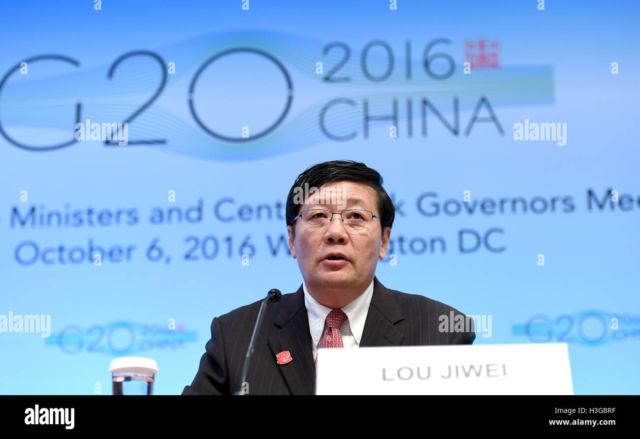 Washington, DC, USA. 7th Oct, 2016. Chinese Finance Minister Lou Jiwei speaks at a press ...