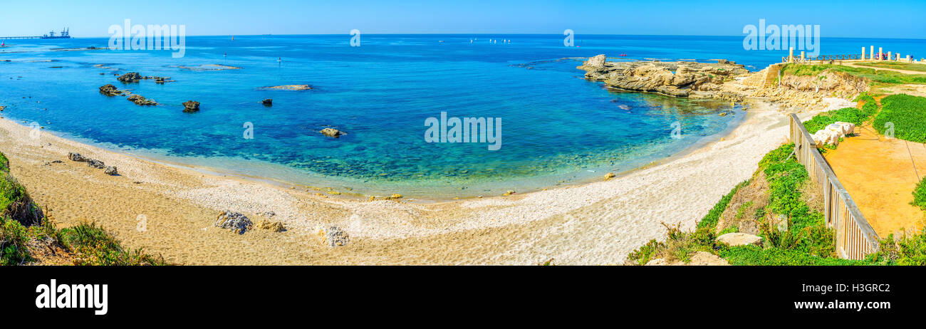 The wide panorama of the scenic sand beach in Caesarea National Park ...