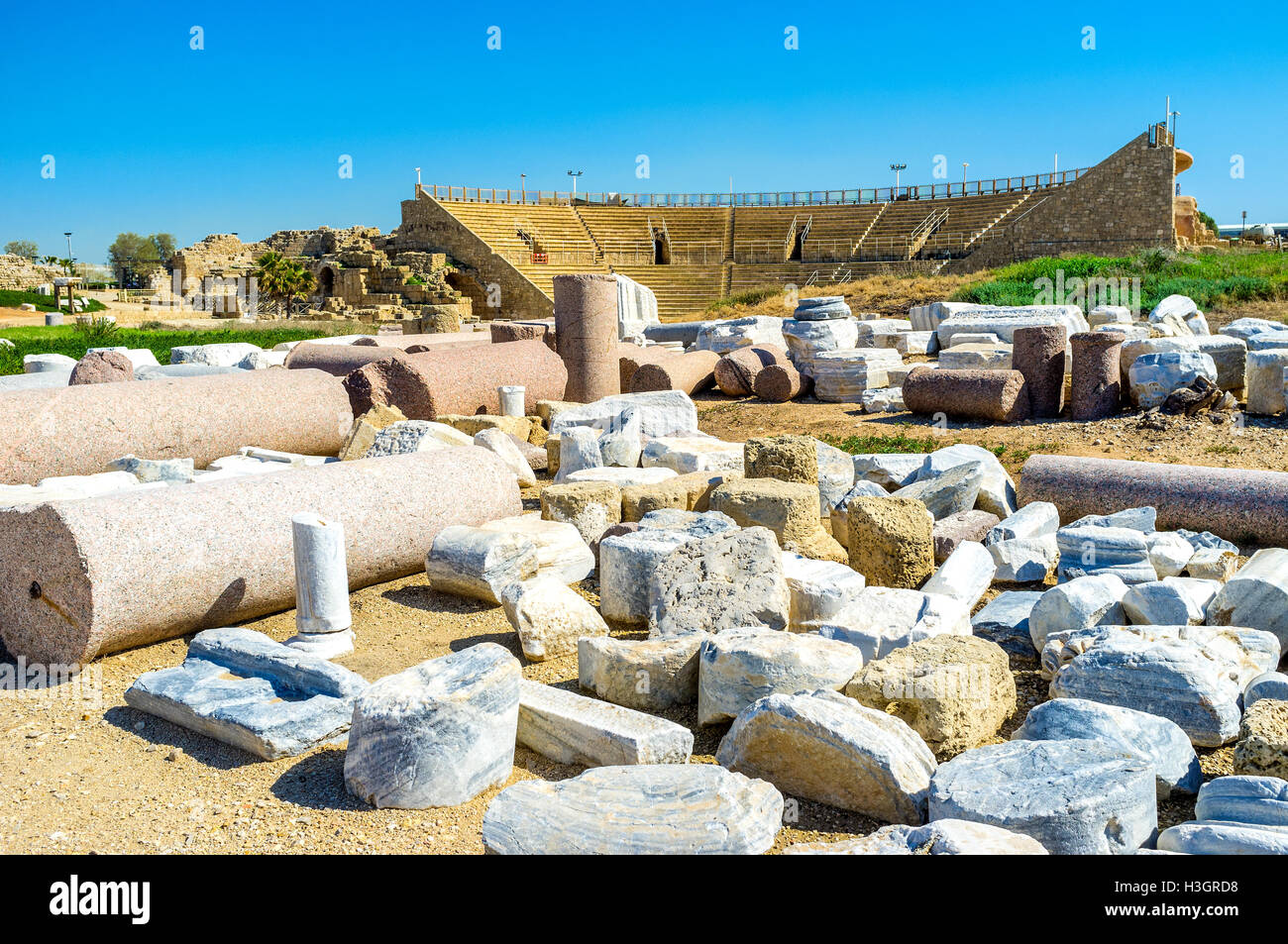 The preserved and restored part of the ancient Colosseum, surrounded by ...