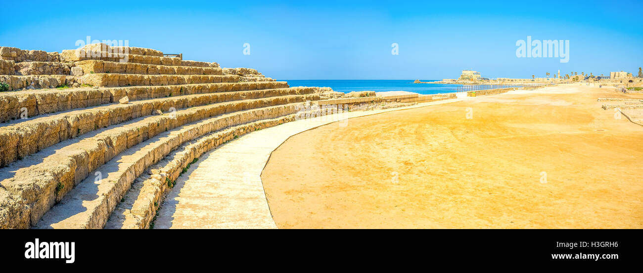 The ruins of the hippodrome with the rows of stone sits, located on the ...