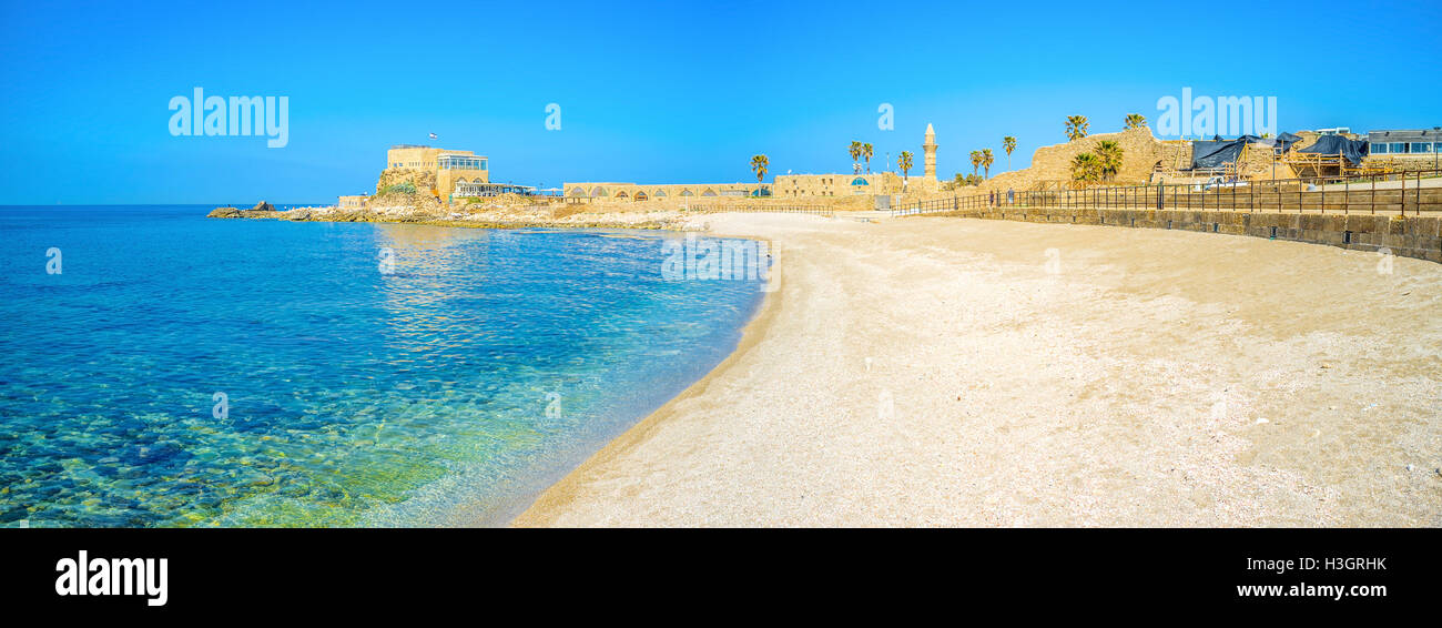 The comfortable sand beach with the luxury view on the ancient ruins of ...