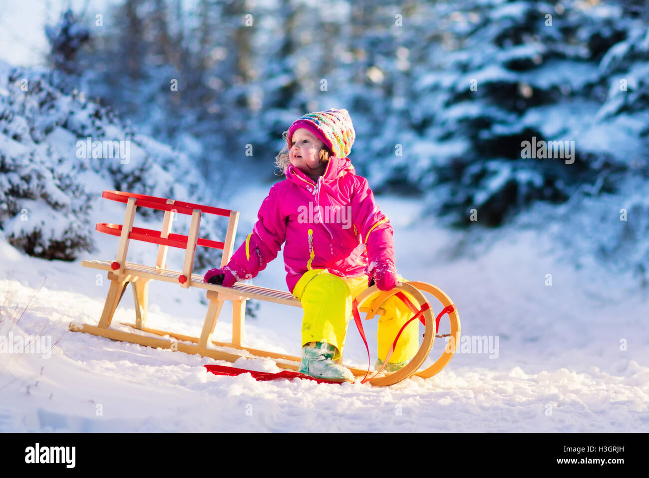 Little girl enjoying a sleigh ride. Child sledding. Toddler kid riding a sledge. Children play ...
