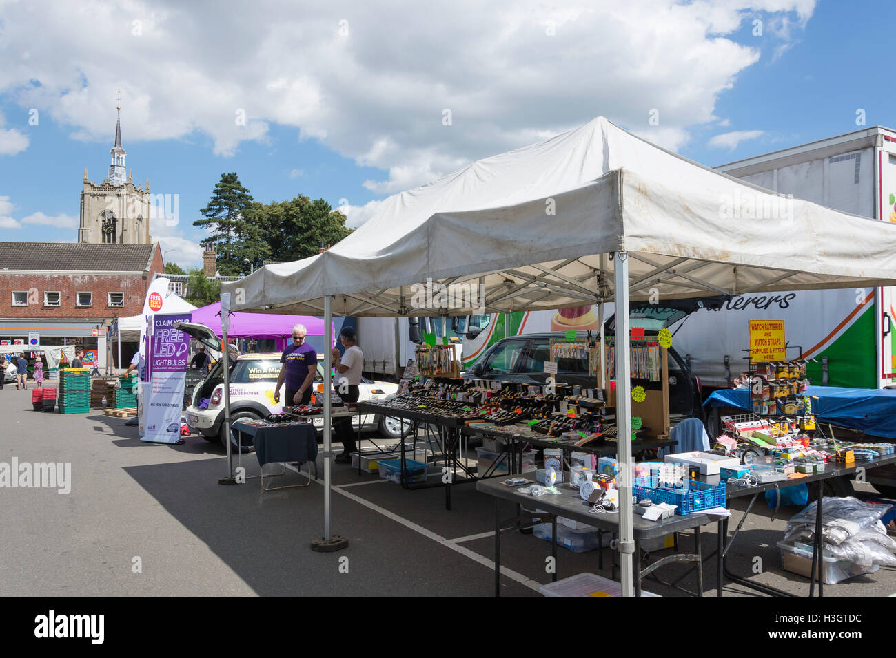 Stalls at Saturday Market, Market Place, Swaffham, Norfolk, England ...