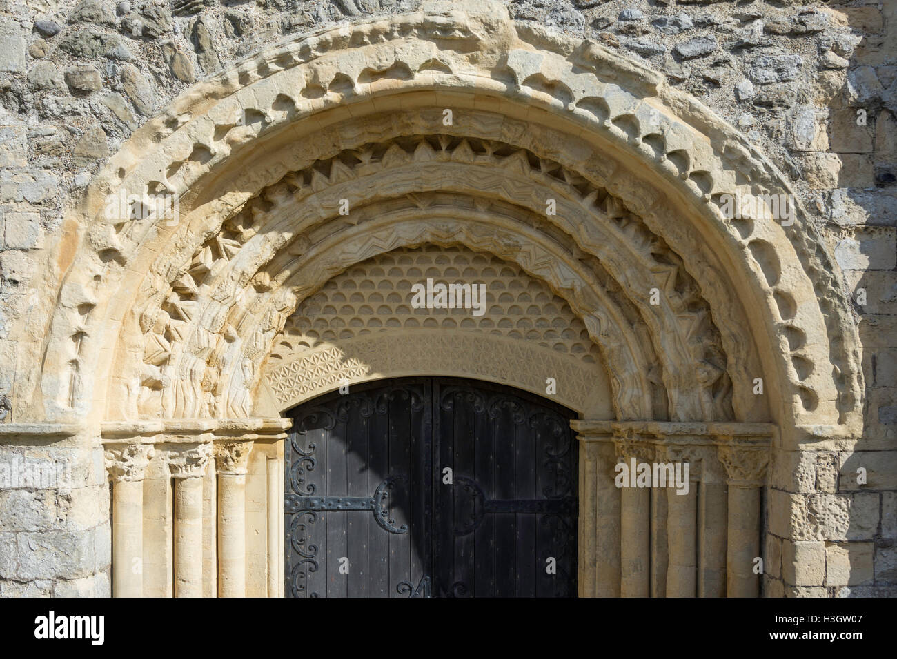 Ancient entrance doorway to St Nicholas Church, Church Road, New Romney ...