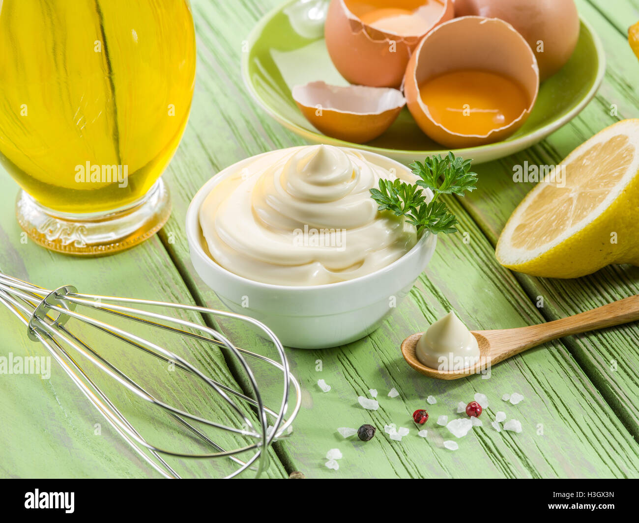 Natural mayonnaise ingredients and the sauce itself Stock Photo - Alamy