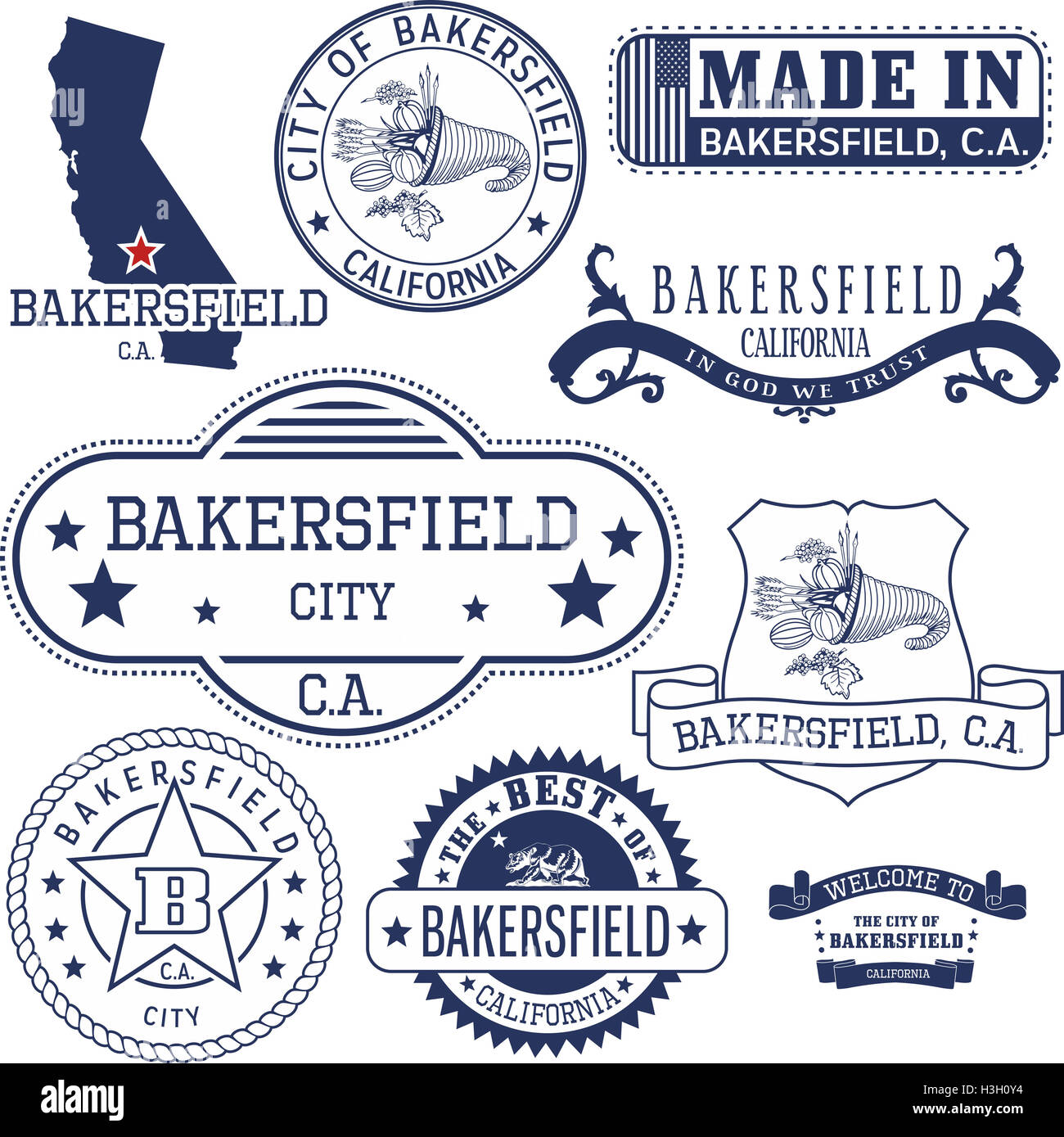 Set of generic stamps and signs of Bakersfield city, California Stock ...