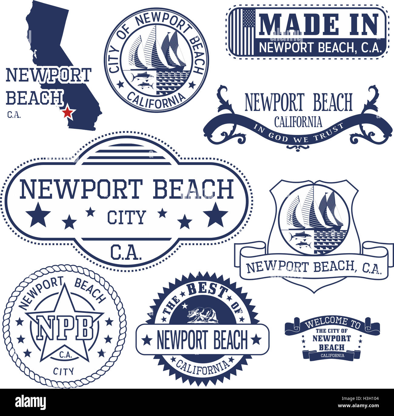 Newport Beach city, California. Set of generic stamps and signs Stock ...