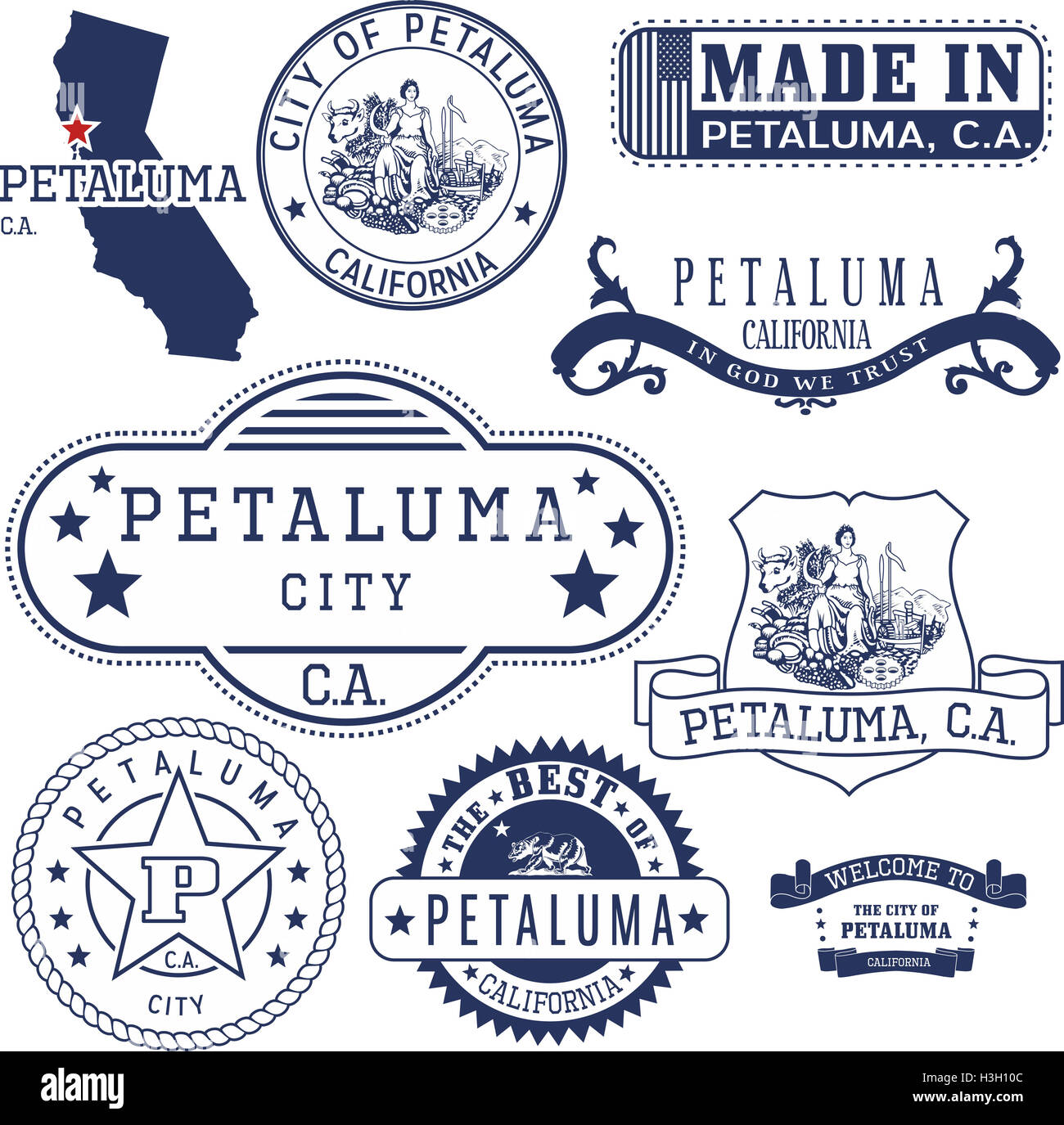 Petaluma city, California. Set of generic stamps and signs Stock Photo ...