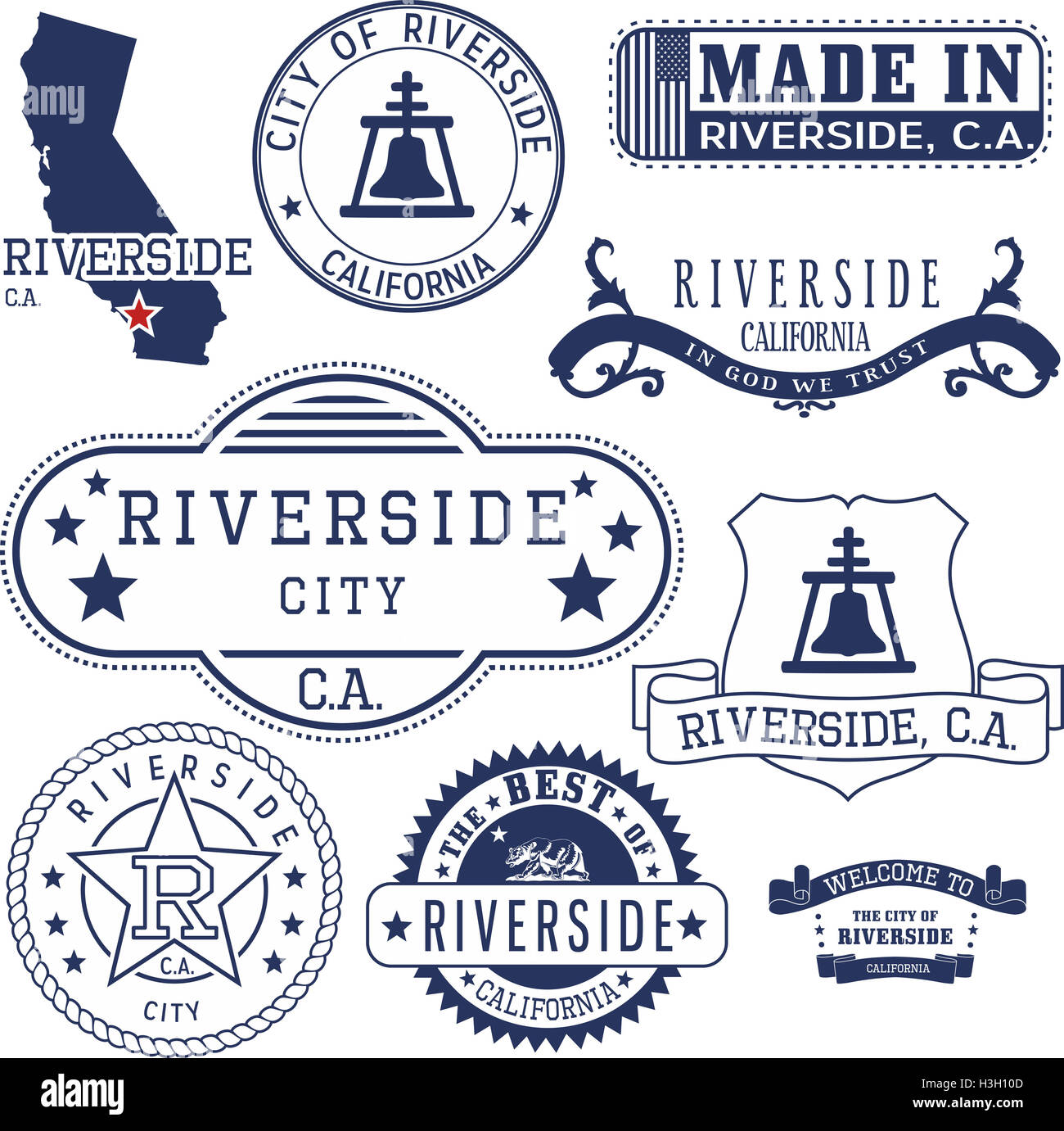 Riverside city, California. Set of generic stamps and signs Stock Photo ...
