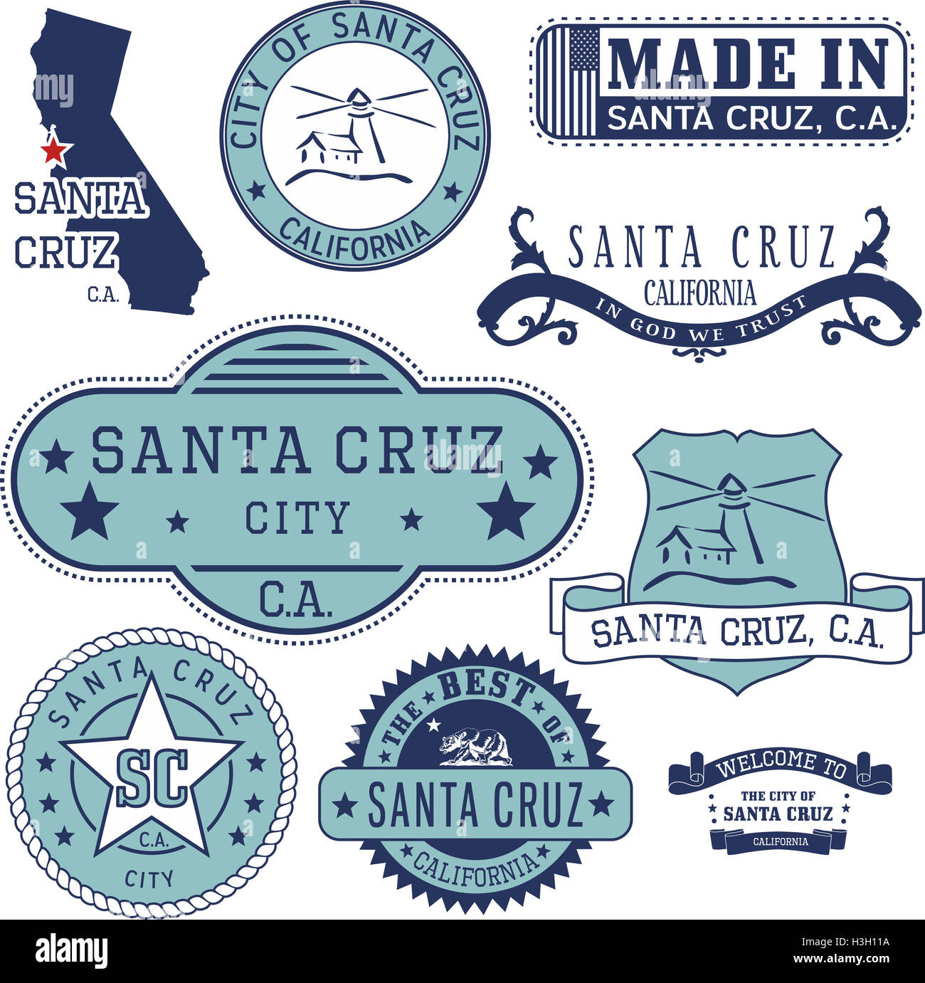 Santa Cruz city, California. Set of generic stamps and signs Stock ...