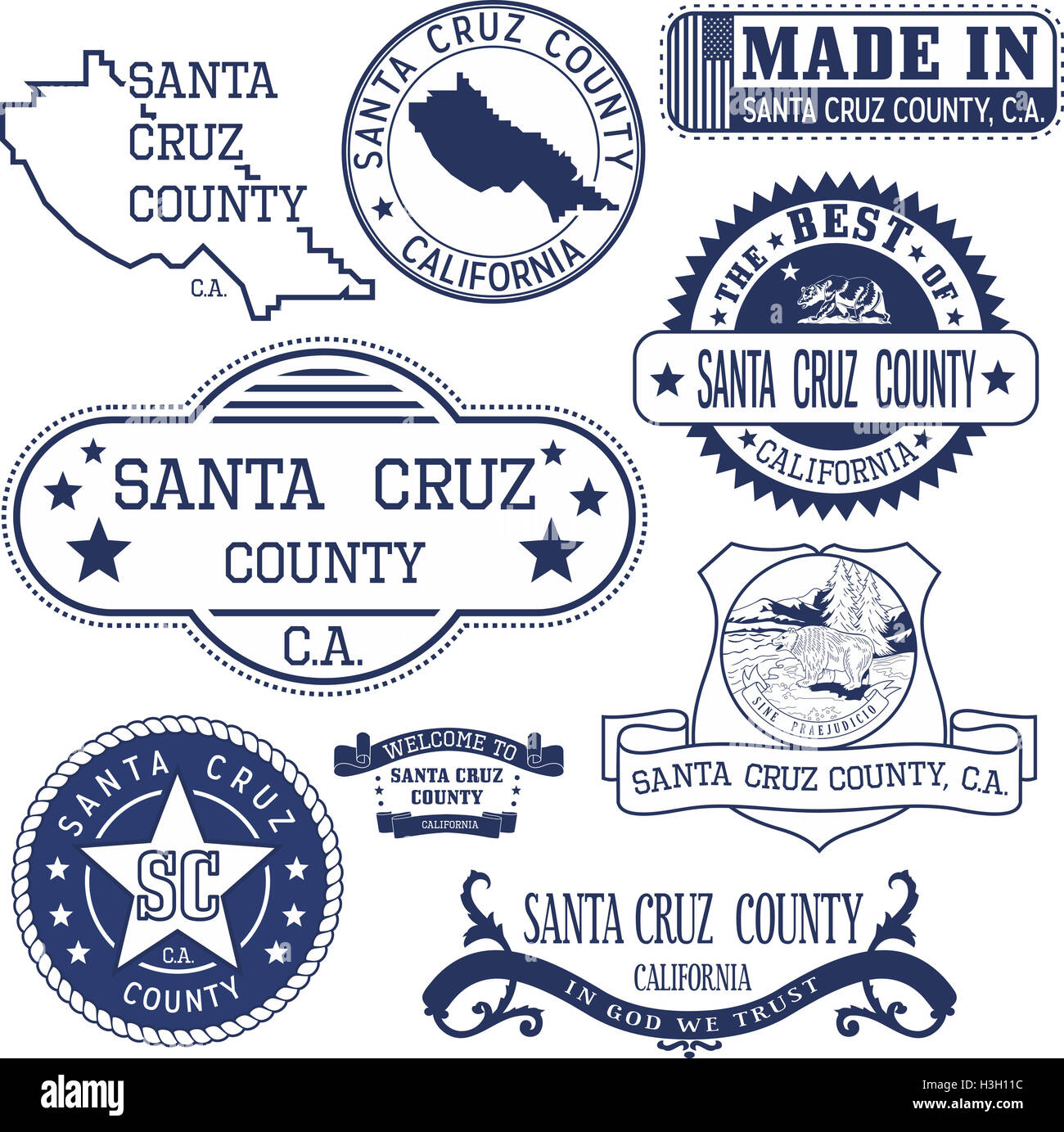 Santa Cruz county, California. Set of generic stamps and signs ...
