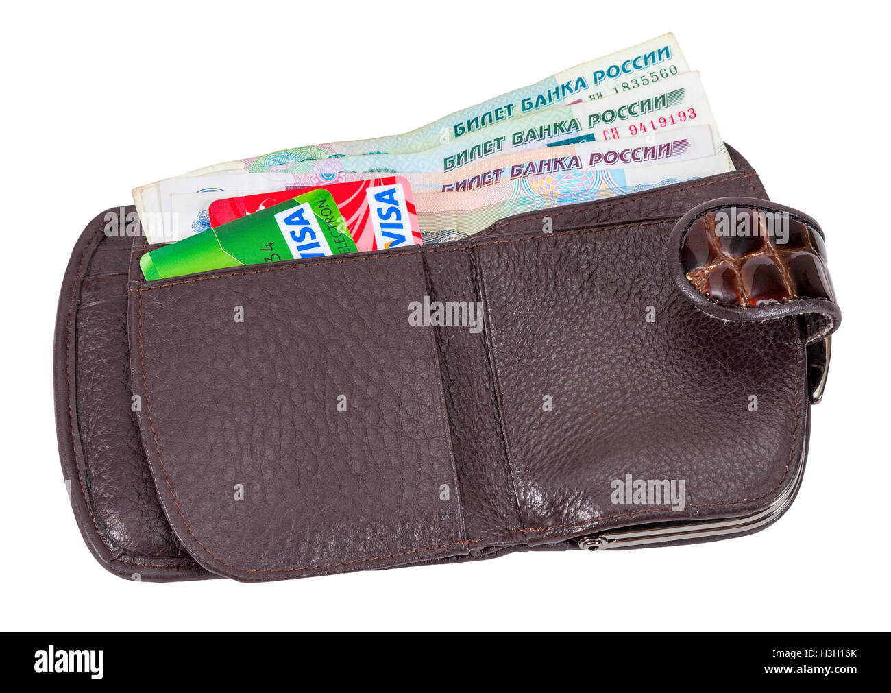 Wallet open with russian rubles bills and credit cards sticking out ...