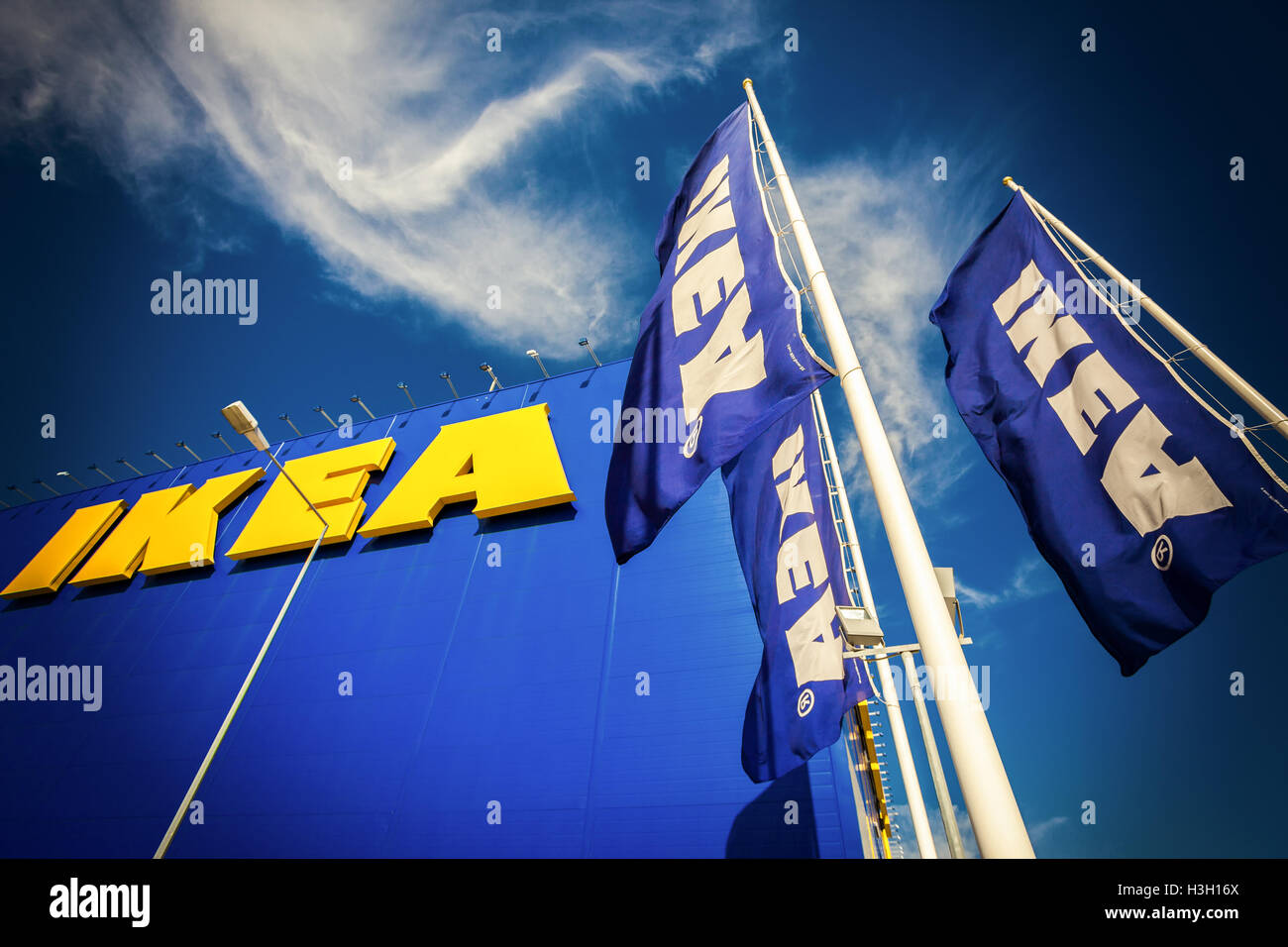 IKEA flags against sky at the IKEA Samara Store Stock Photo - Alamy