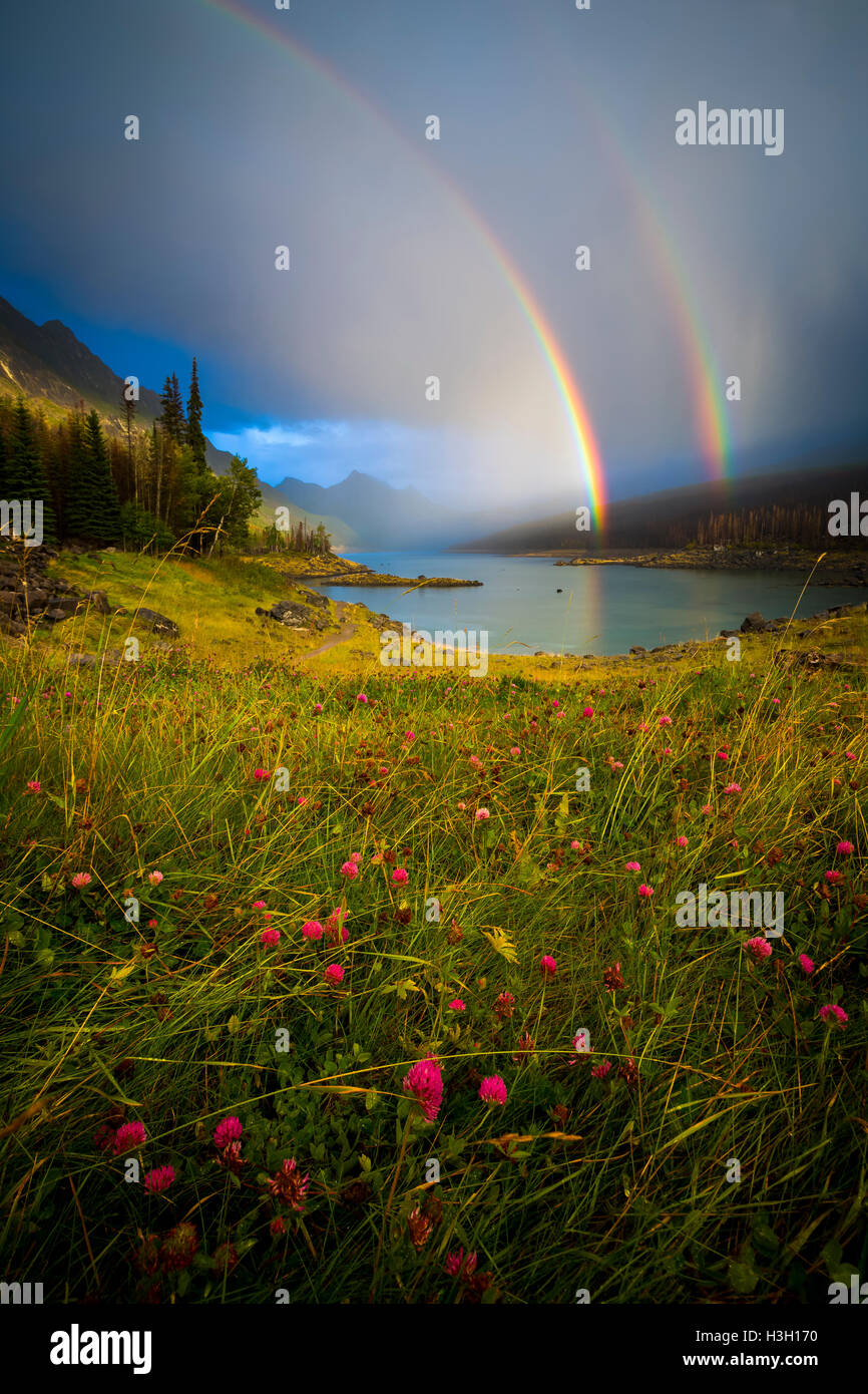 A double rainbow arches over Medicine Lake in Jasper National Park's ...