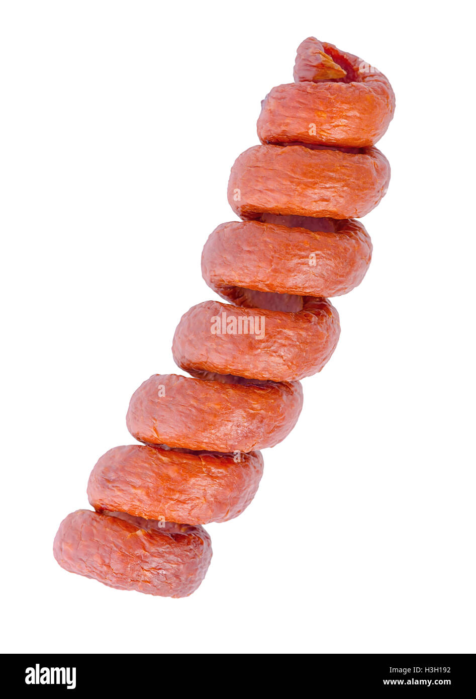 tasty delicious smoked dried spiral red sausages, salami is isolated on ...