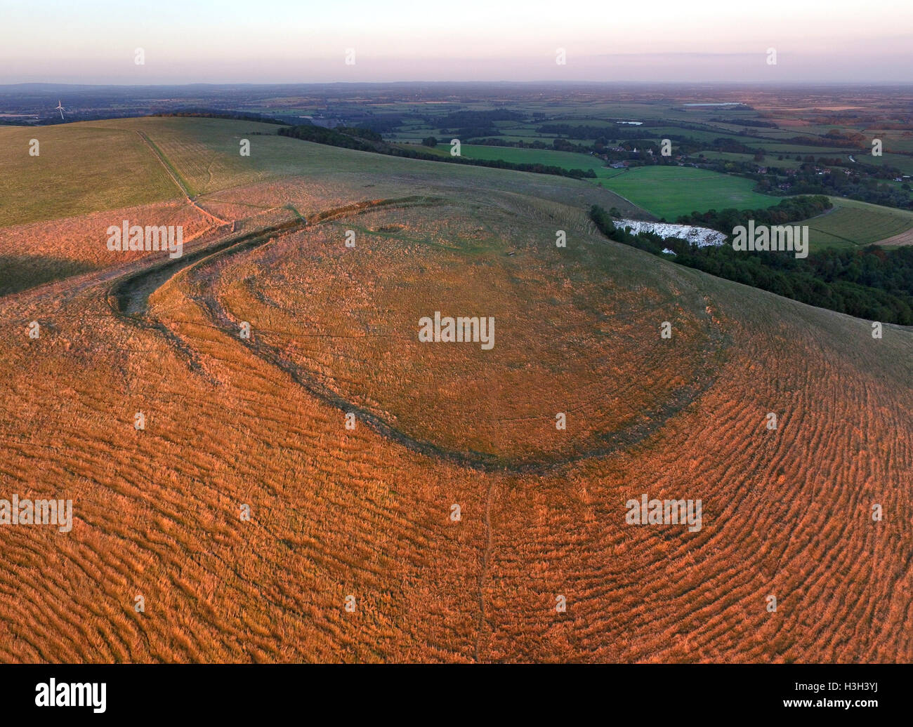 Aerial view of the iron age fort on Mount Caburn, near Lewes, East ...