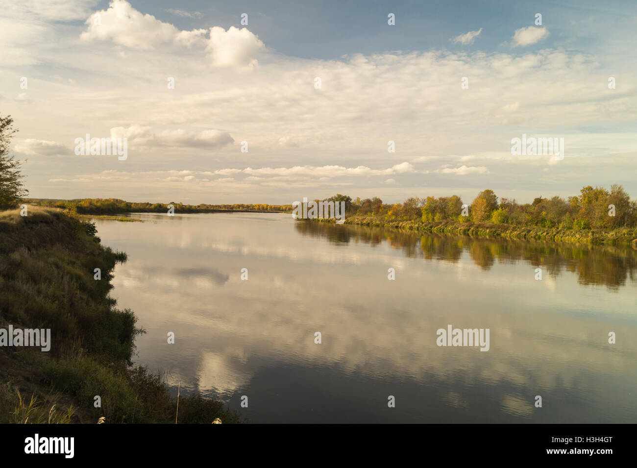 Autumn landscape with river on background blue sky and white cloud ...