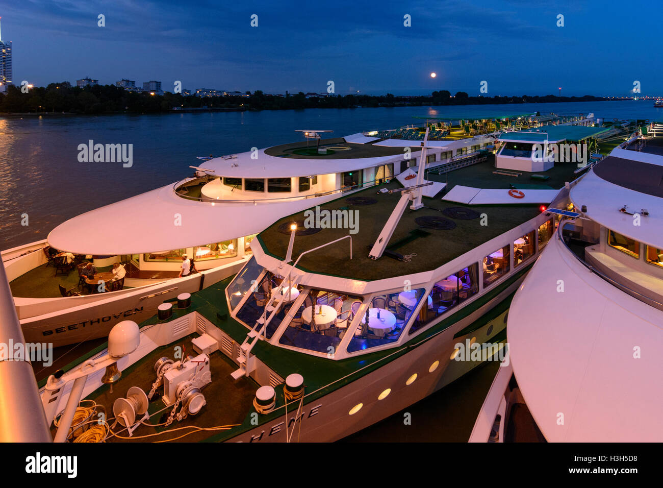 Wien, Vienna: cruise ship ships port terminal at Reichsbrücke, full ...