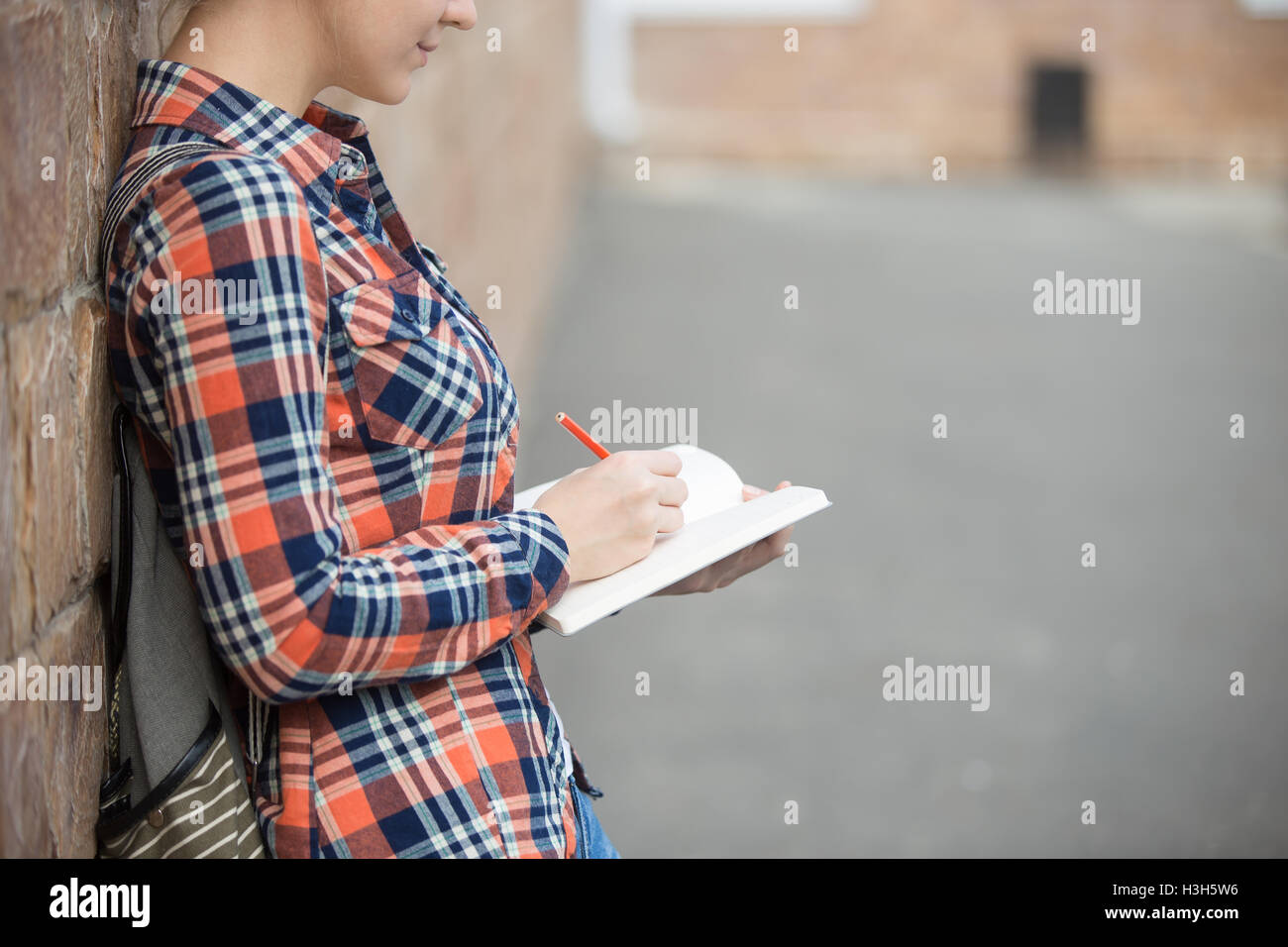 Student girl against the brick wall Stock Photo - Alamy