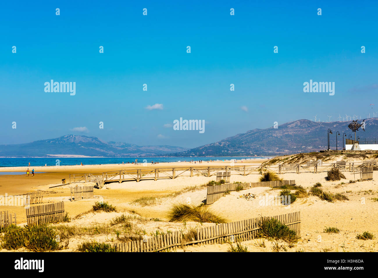 White sandy beaches of the Atlantic shore at Spanish coast of Playa De ...