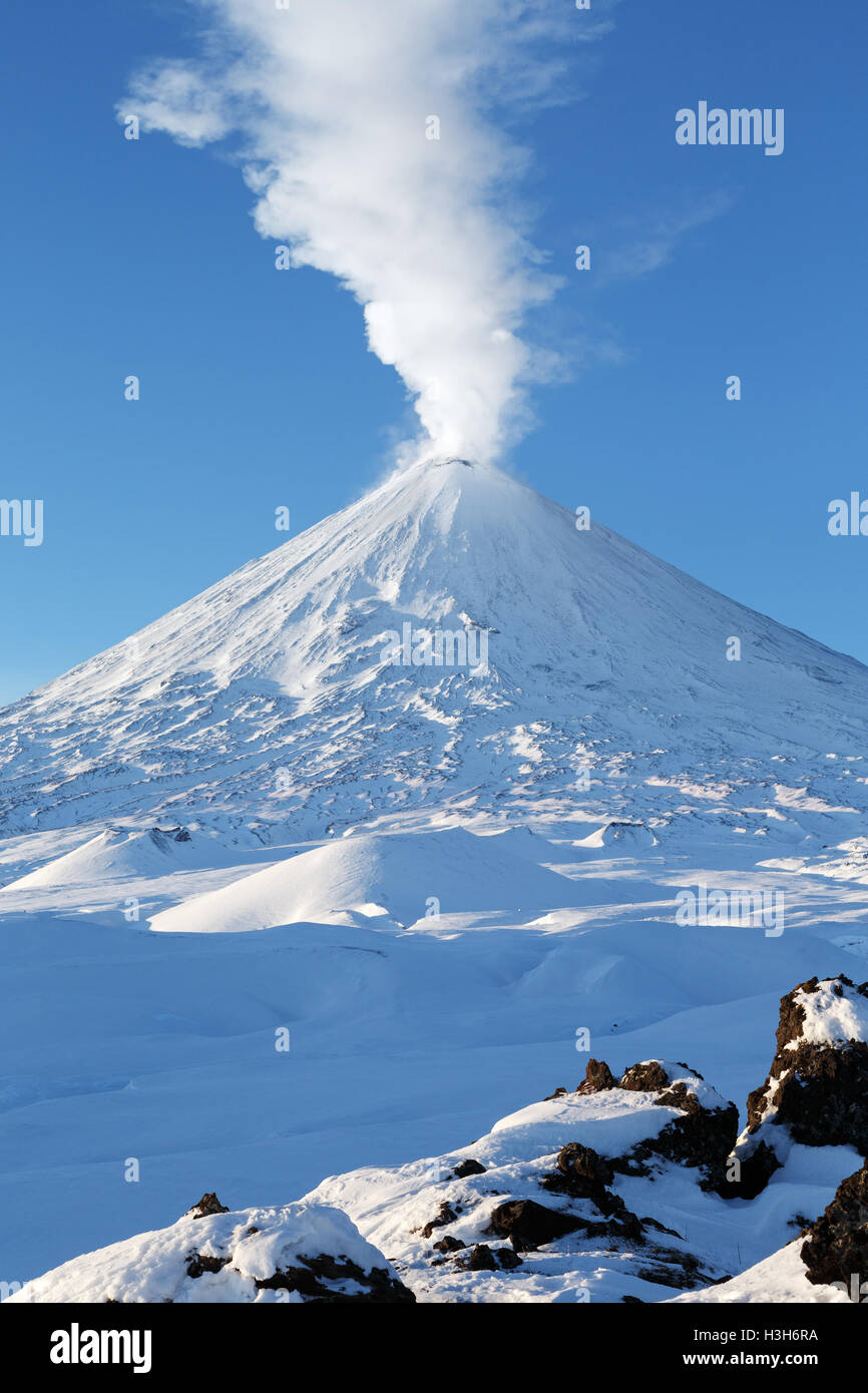 Volcanic landscape of Kamchatka: winter eruption Klyuchevskoy Volcano ...