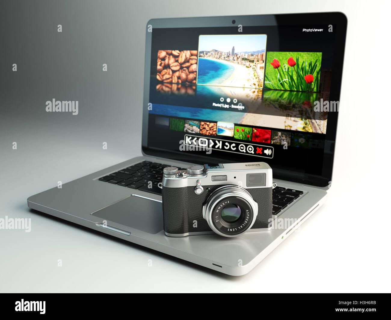 Photo camera and laptop with image viewer on the screen. Digital ...