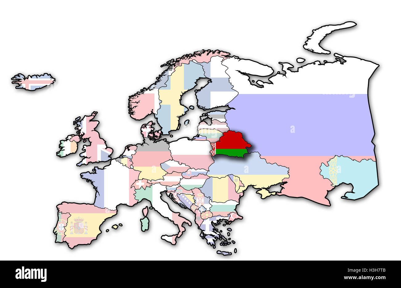 some very old grunge map of belarus with flag on map of europe Stock ...