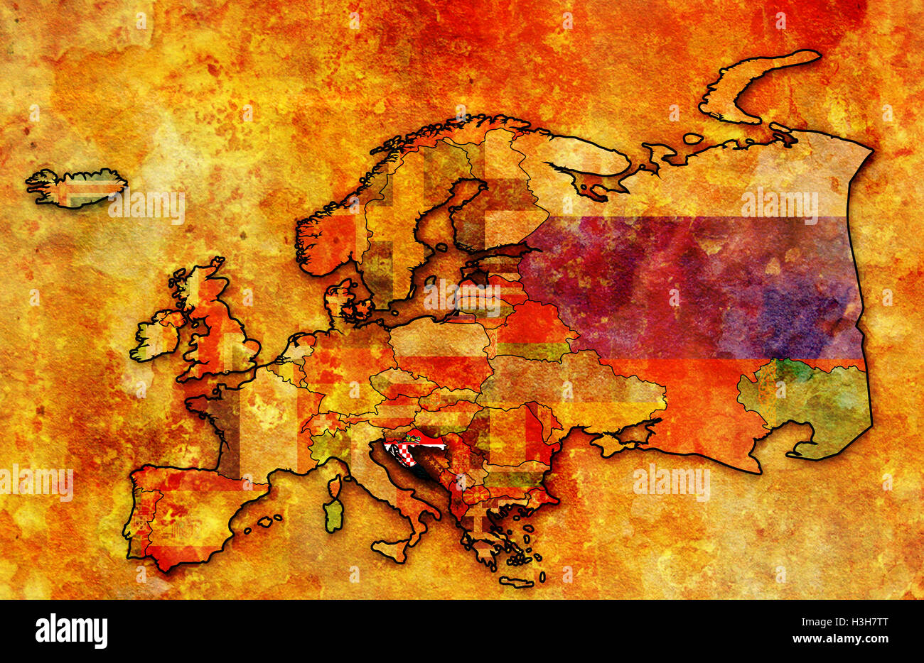 some very old grunge map of croatia with flag on map of europe Stock ...