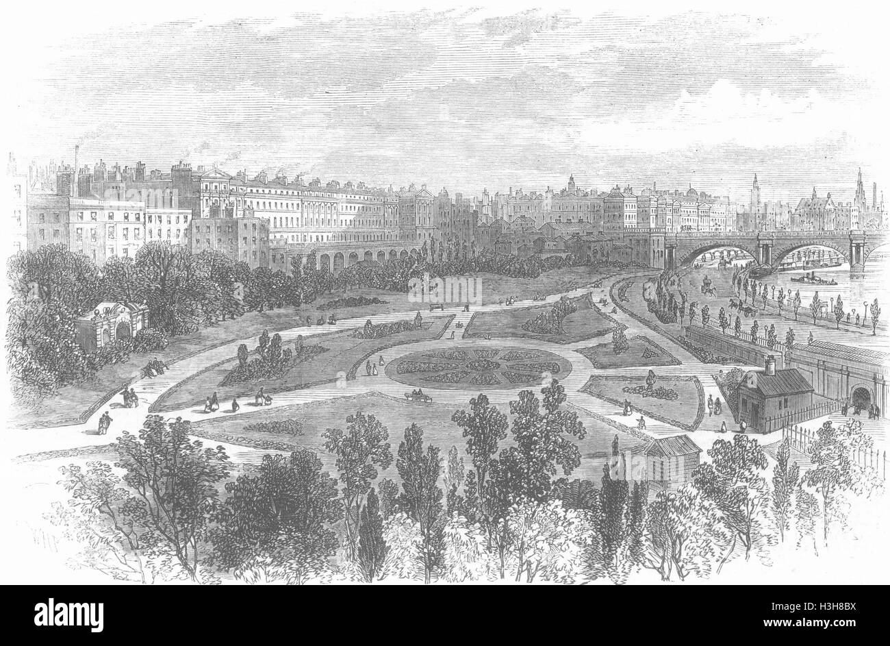 LONDON Gdns, Thames Embankment 1872. Illustrated London News Stock ...