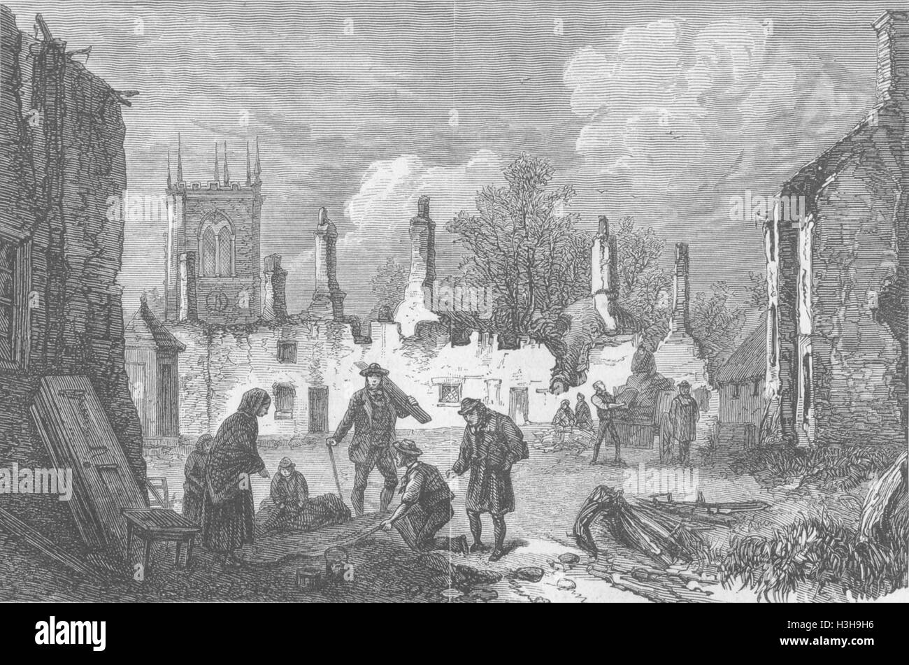 DEVON Village of Broadclyst, Devonshire, after fire 1870. The Graphic ...