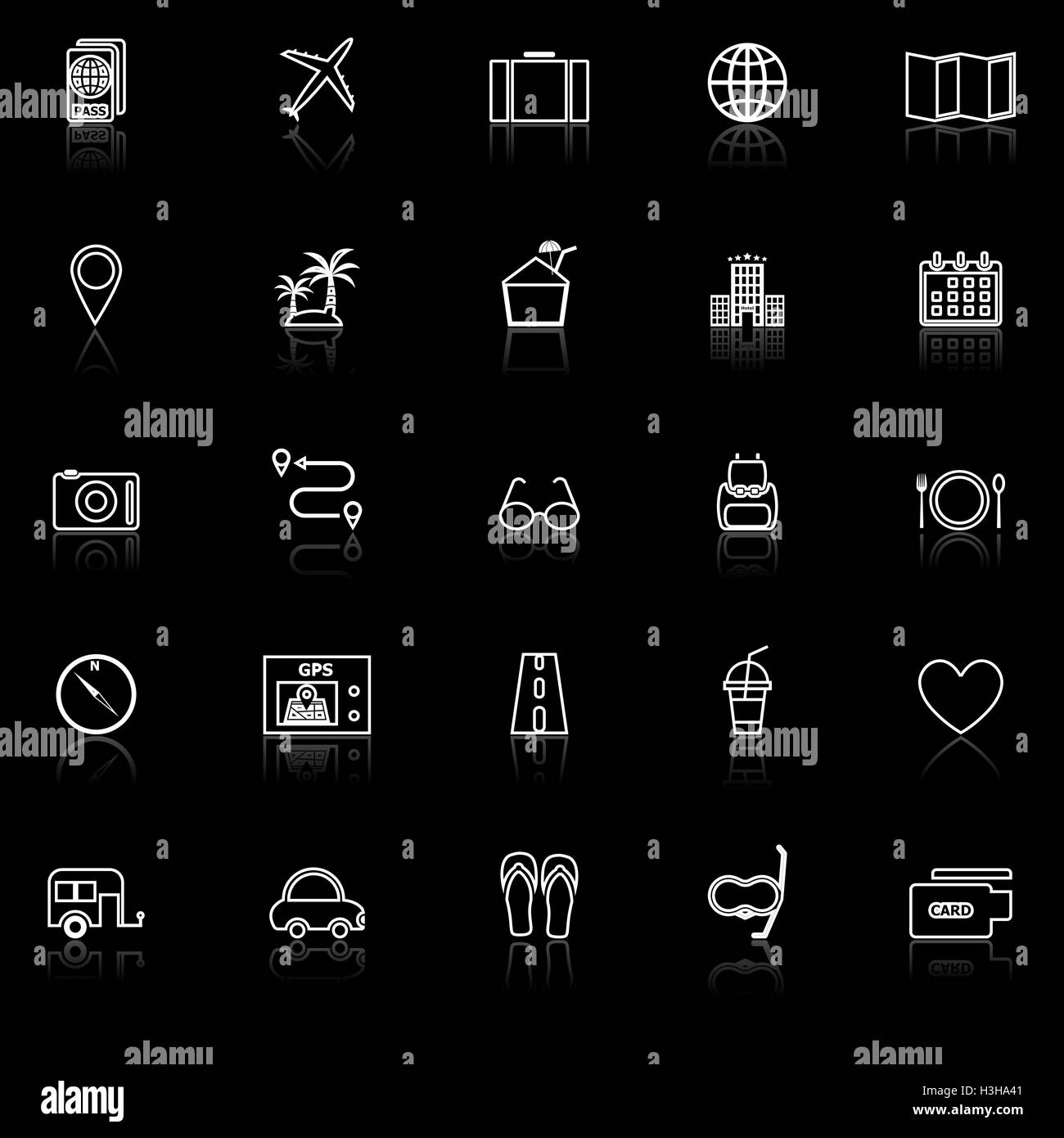 Trip line icons with reflect on black background, stock vector Stock ...