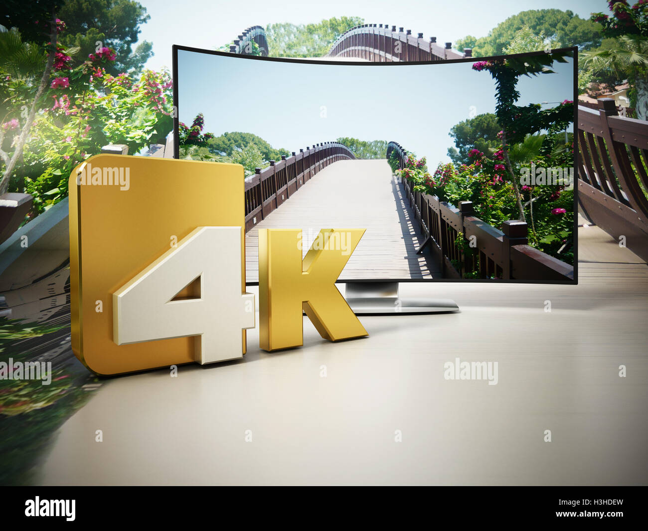 4K Ultra HD television on a bridge and sky setting. 3D illustration ...