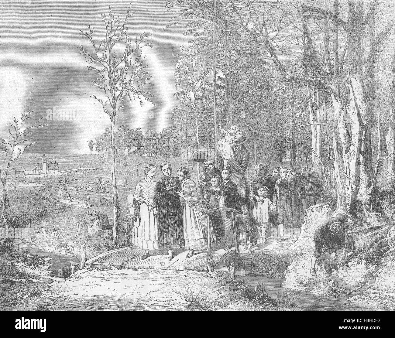 FAMILY Morning walk in spring 1860. Illustrated Times Stock Photo - Alamy