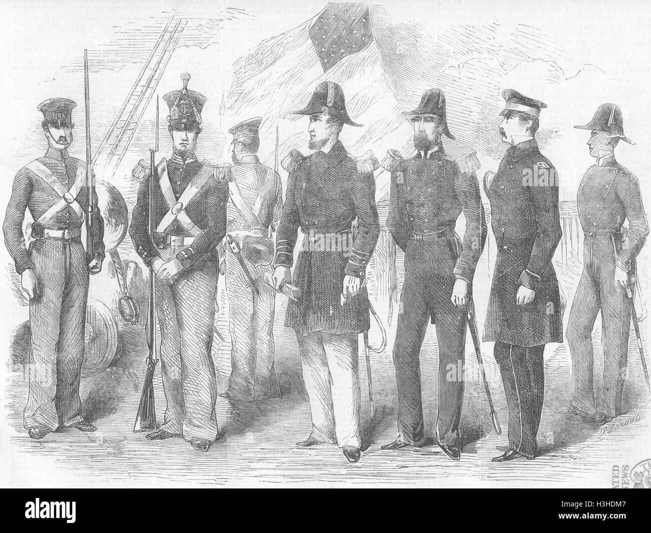 USA Officers & Marines of ship Susquehanna 1857. Illustrated London ...