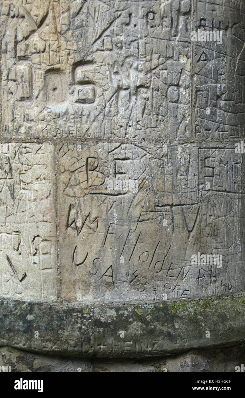 WW2 graffiti art remains of the chapel in the historical Castle Ruine ...