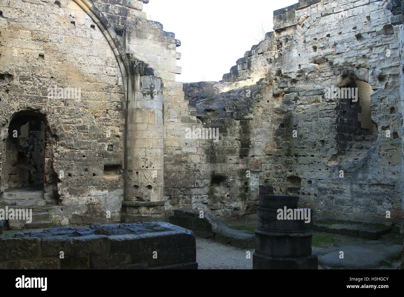 WW2 graffiti art remains of the chapel in the historical Castle Ruine ...